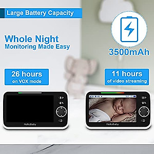 HelloBaby 5’’ Baby Monitor with 26-Hour Battery, 2 Cameras Pan-Tilt-Zoom, 1000ft Range Video Audio Baby Monitor No WiFi, VOX, Night Vision, 2-Way Talk, 8 Languages and Baby Registry Search