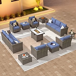 ovios 16 Piece Patio Furniture Set with Fire Pit Table,Outdoor Rattan Wicker Coversation Set with Swivel Rocking Chairs, Sectional Chairs for Outside Porch Balcony Backyard Pool,Light Blue