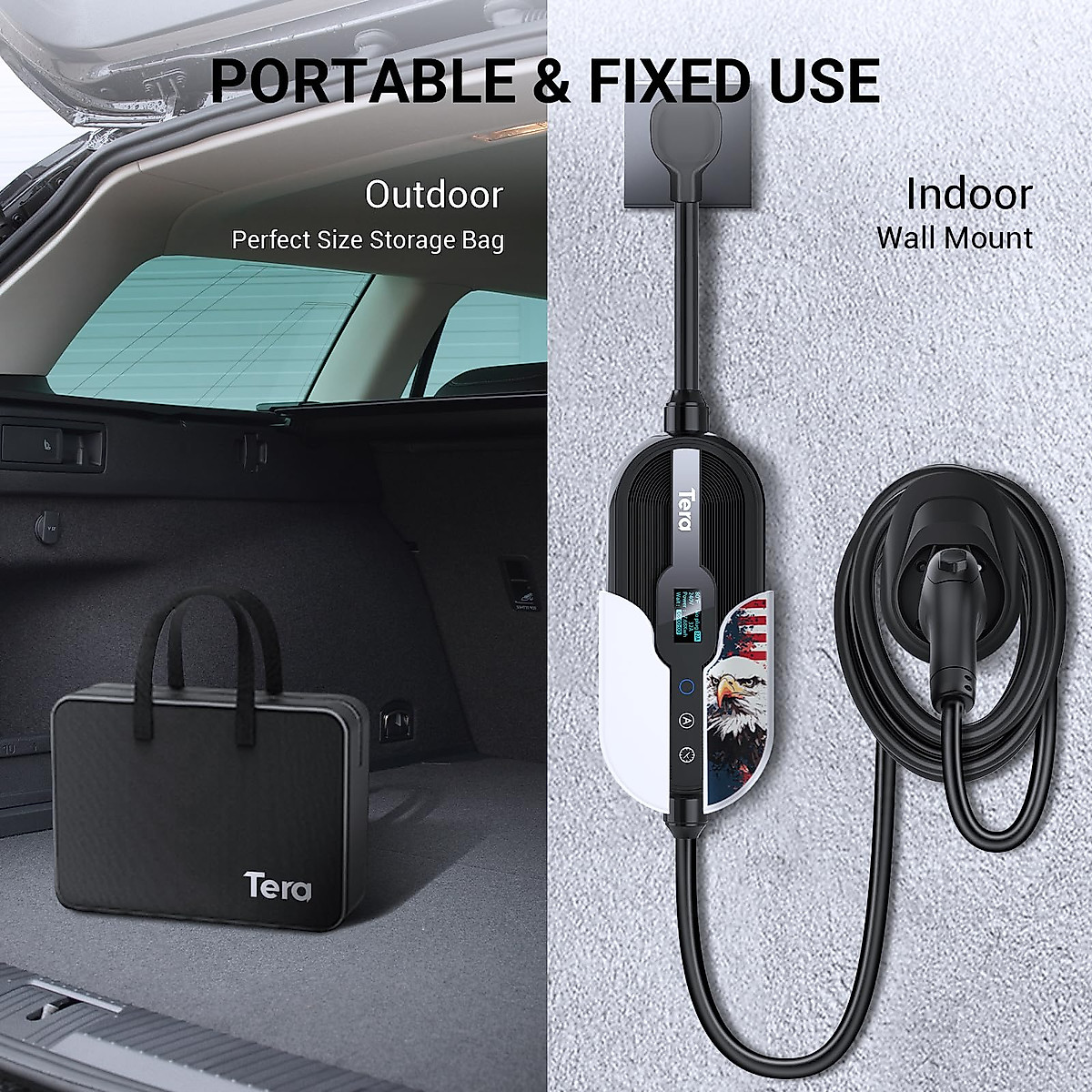 Tera Electric Vehicle Charger for J1772: Tesla EV Level 1 & 2 Portable 32A 8A 110V 240V Wall Connector Dual Use ETL NEMA 14-50 & 5-15 Wi-Fi Enabled 25FT Cable with Holder P01