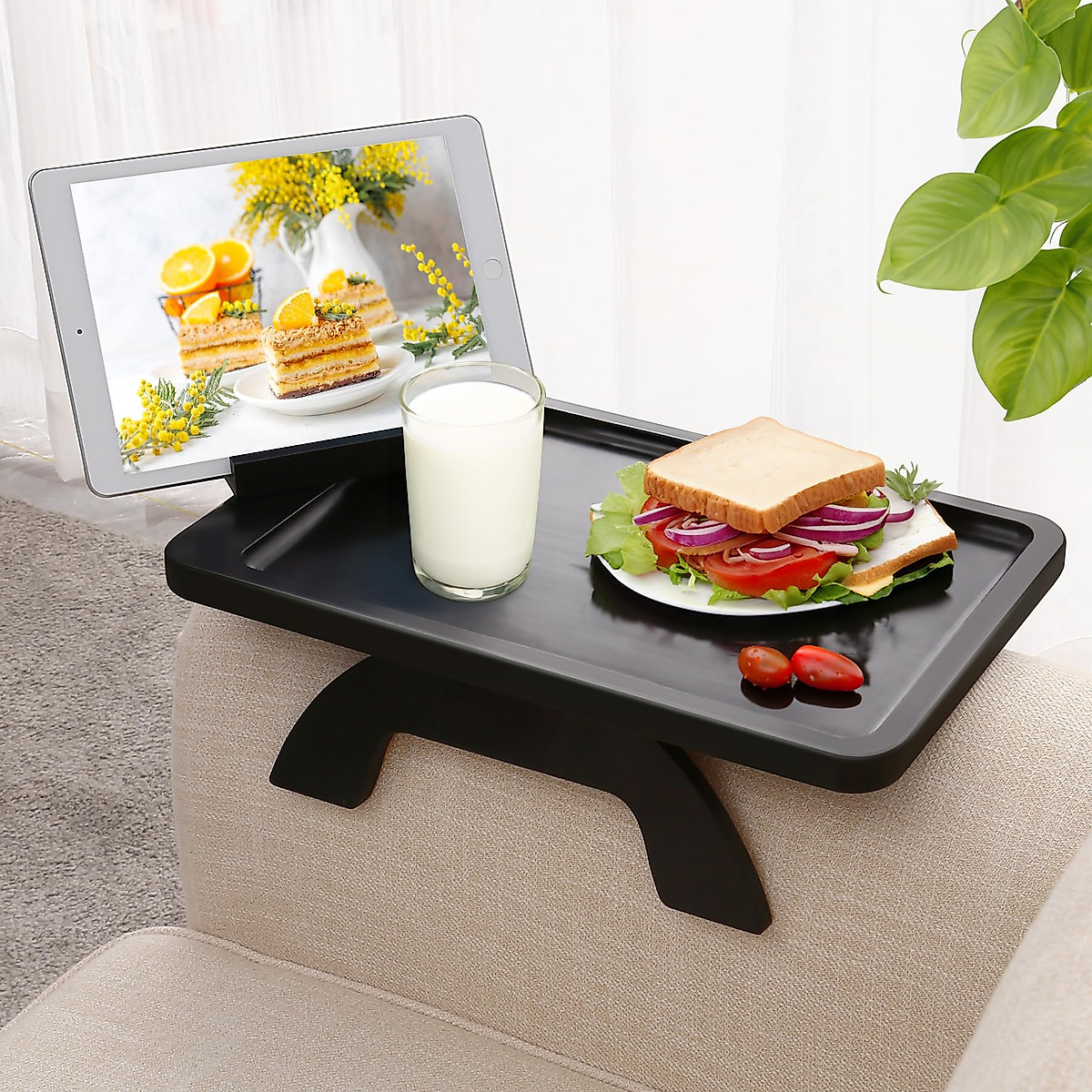 BAMBOOTRAY Couch Arm Table,Sofa Clip on Tray for Armrest Tray with Phone Holder,Couch Table for Living Room Bedroom (Large Black, 15.3" D x 9.8" W x 1.7" H)