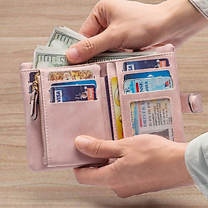 COKOK RFID Blocking Small Women Wallet Soft PU Leather Ladies Wallets Bifold Purse Zipper Pocket Card Case Purse Mini Wristlet Clutch with Wrist