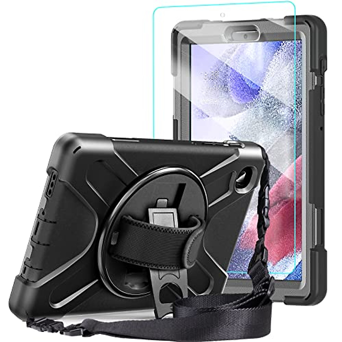 TSQ Case for Samsung Galaxy Tab A7 Lite 8.7" w/Glass Screen Protector Stand&Hand Strap | Heavy Duty Rugged Silicone Kids Case for Galaxy Tab A7 Lite 2021 SM-T220/T225/T227U | Black