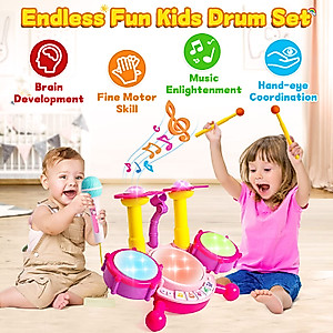 Kids Drum Set for Toddlers 1-3 Musical Baby Girl Toys for 1 Year Old Girl Gifts Educational Microphone Instruments Toys 12-18 Months Toddler Girl Toys Age 1-2 Birthday Gifts Presents for 6 9 12 Months