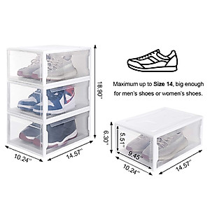 Homde Reinforced Shoe Boxes Pack of 3 Stackable Shoe Storage Rack White Frame with Clear Body (Large)