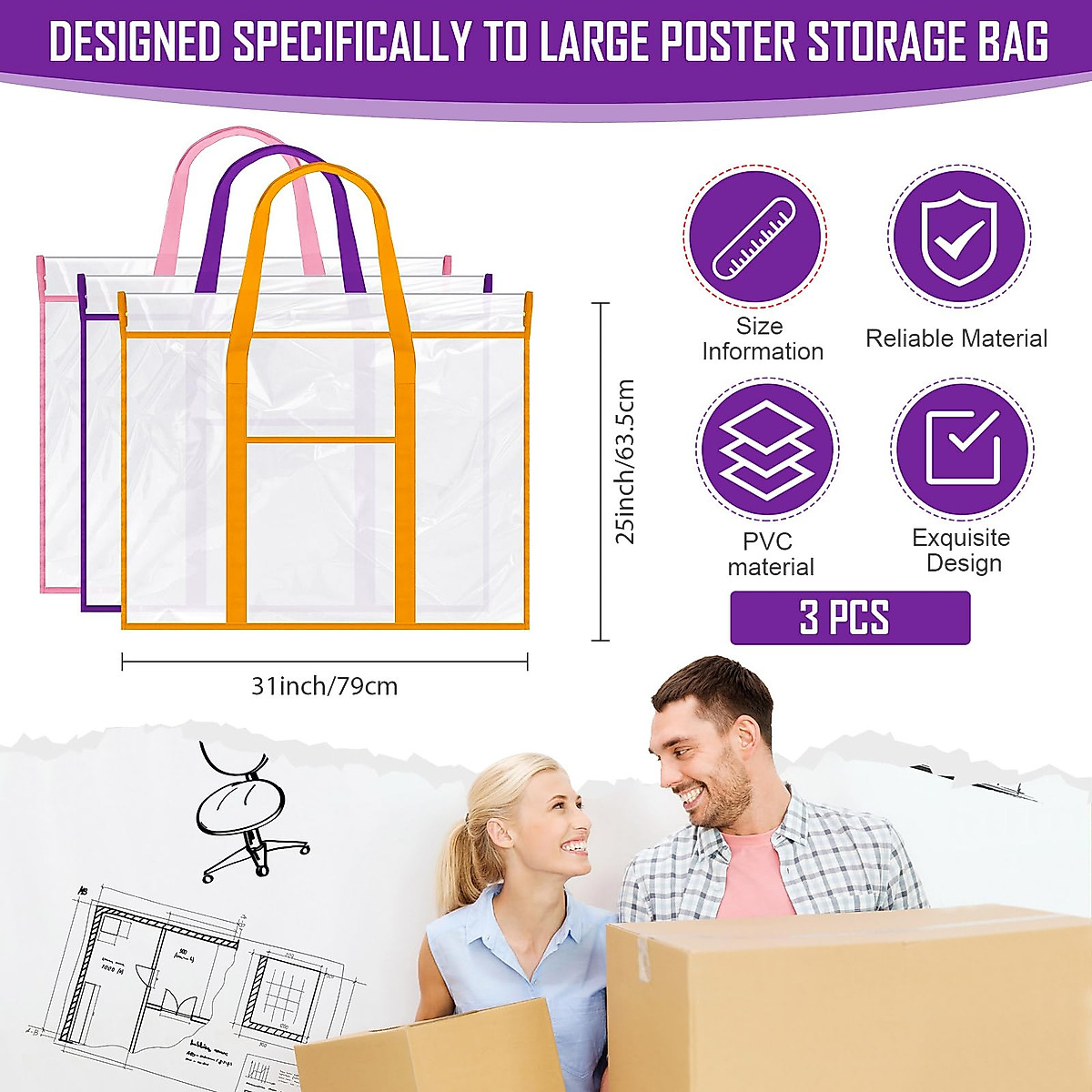 Vincreem 6 Pack 25" x 31" Large Poster Storage Bag Art Portfolio Case PVC Portfolio Folder with Pocket Clear Bulletin Board Holder Chart Organizer Container for Artwork Teacher Classroom Paper