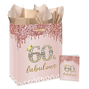 GOLDCROW Rose Gold 60th Birthday Gift Bag for Women with Handles Large Pink Happy 60th Birthday Gift Bag with 60th Birthday Wrapping Paper and Card for 60th Birthday Decorations Party Supplies