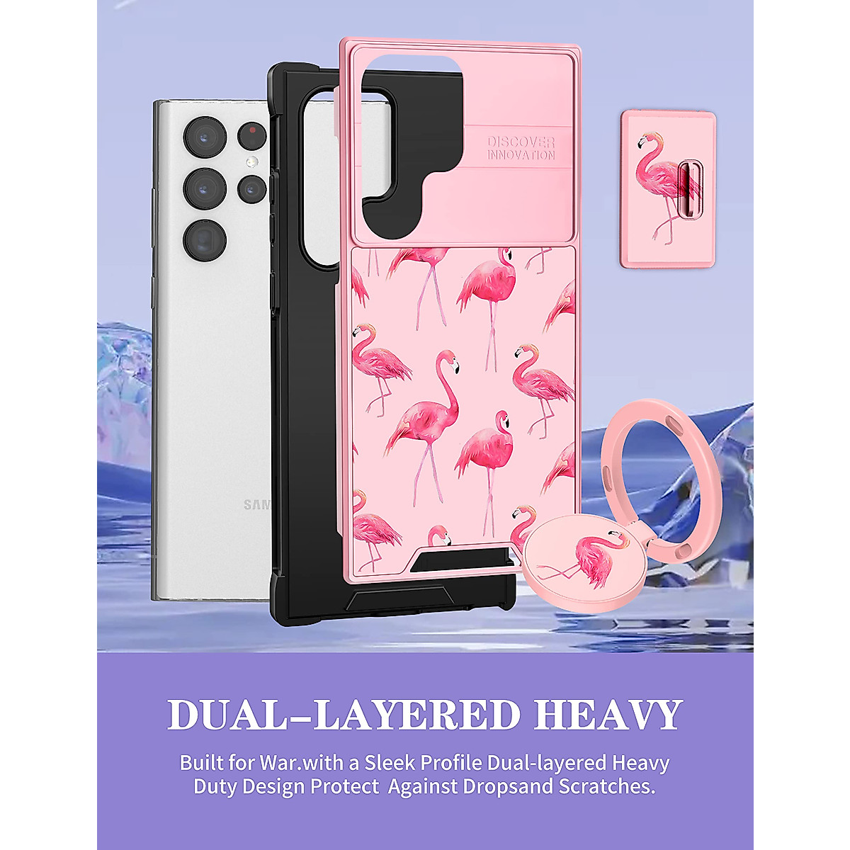 Goocrux (2in1 for Samsung Galaxy S23 Ultra Case Flamingo for Women Girls Cute Girly Phone Cover Flamingos Design with Slide Camera Cover+Ring Holder Unique Aesthetic Cases for S23 Ultra 5G 6.8''