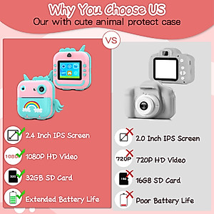 Instant Print Camera for Kids,Inkless Sticker Printer for Girls Boys Age 3-12, 20MP HD Digital Video Cameras, Mini Thermal Printer Kid Toy with 3 Rolls Photo Paper, 5 Color Pens, 32GB Card-Pink