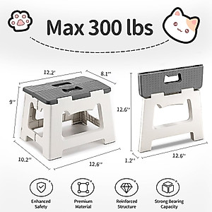 CasaZenith Step Stool Foldable, 9'' Folding Step Stool for Kids & Adults 300 Lb Capacity, Lightweight Small Collapsible Step Stool with Handle, Stepping Stools Suitable for Kitchen Bathroom (Gray)