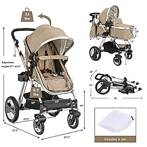 BABY JOY Baby Stroller, 2-in-1 Convertible Bassinet Reclining Stroller, Foldable Pram Carriage with 5-Point Harness, Including Cup Holder, Foot Cover, Diaper Bag, Aluminum Structure, Khaki