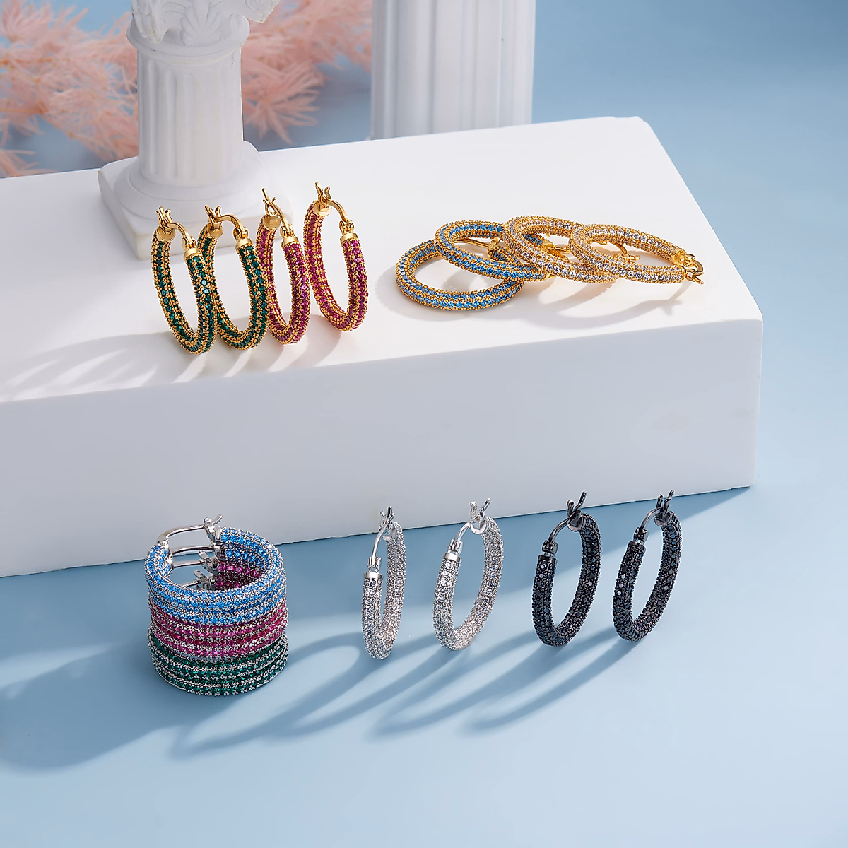 925 Sterling Silver Post Hoop Earrings for Women Gilrs Black Cubic Zirconia 14K Gold Plated Chunky Gold Hoop Earrings weinuo Jewelry