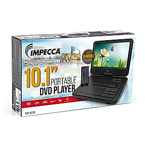Impecca Portable DVD Player 10.1” Flip and Swivel Screen, USB Port and SD/SDHC Card Slot, Remote, Headphone Jack, Car Charger and Power Adapter, Region Free - Black