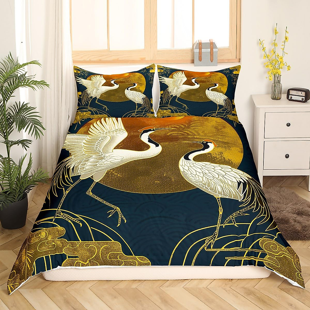 Japanese Crane Duvet Cover Set Queen Size,Gold Sun Cloud Stripes Bedding Set 3Pcs,Retro Ukiyoe Leaf Print Comforter Cover for Adult Women Men Room Decor,Wild Animals Quilt Cover,2 Pillowcases