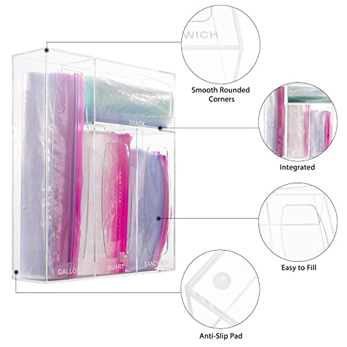 AQUIVER Acrylic Ziplock Bags Organizer - Baggie Bags Drawer Organizer & Plastic Food Storage Bags Holder - Compatible with Gallon, Quart, Sandwich, Snap, Freezer, Slider Bags (Clear)