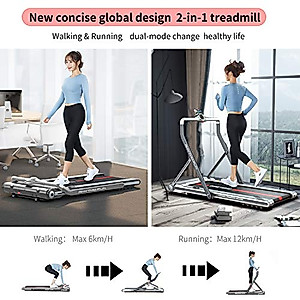 RHYTHM FUN Treadmill 2-in-1 Folding Treadmill Under Desk Walking Treadmill with Foldable Handrail Wide Tread Belt Super Slim Mini Quiet Home Treadmill with Smart Remote Control and Workout App（Sliver）
