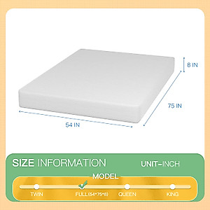 PayLessHere 8 inch Memory Foam Mattress Cooling Gel Green Tea Infused Mattress,Fiberglass Free,CertiPUR-US Certified,Cooler Sleep Supportive & Pressure Relief,Mattress in Box, White Full