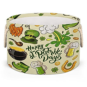 Happy St.patrick 's Day Letters Large Round Baskets for Storage Laundry Baskets with Handles Blanket Storage Basket for Bathroom Shelves Bins for Organizing Nursery Hamper Girl Boy
