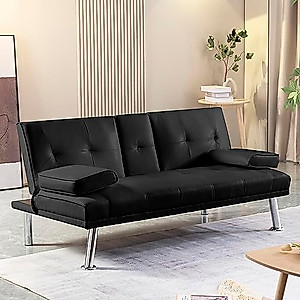 Majnesvon Modern Leather Futon Sofa Bed,Convertible Folding Couch Recliner,Sleeper Loveseat for Small Space,Apartment Office Dorms,with Cup Holders and Removable Armrest (Black-New)