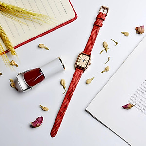 ANNEFIT Women's Leather Watch Band 12mm with Rose Gold Buckle, Lizard Grain Slim Thin Replacement Strap (Red)