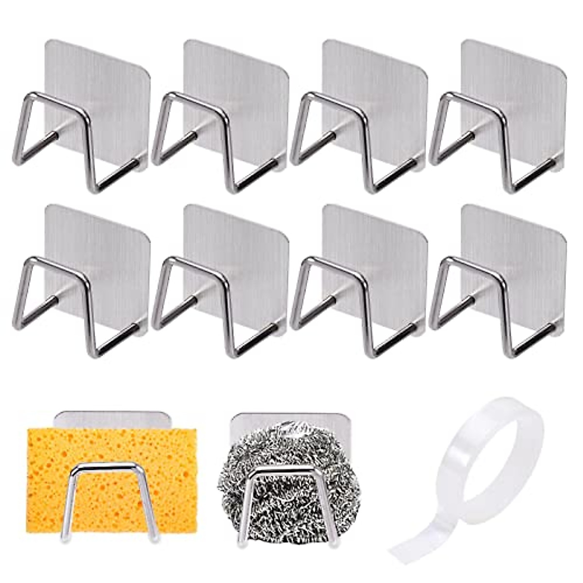 8 Pack Sponge Holder for Kitchen Sink Caddy with 1 Roll Double-sided tape Stainless Steel Strong Adhesion Strength Not Easy Shedding Rust Proof Waterproof Kitchen Sink Sponge Holder