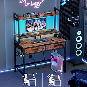 Furologee Small Computer Desk with Drawers, 36 Inch Home Office Desks with Power Outlet and LED Light, Gaming Desk with Monitor Stand, Modern Work/Writing/Study Table for Bedroom, Rustic Brown