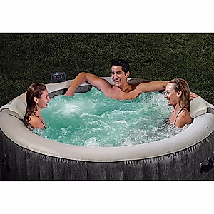Intex PureSpa Greywood Deluxe 85" x 25" Outdoor Portable Inflatable 6 Person Round Hot Tub Spa with Bubble Jets, Hardwater Treatment, Filter and Cover