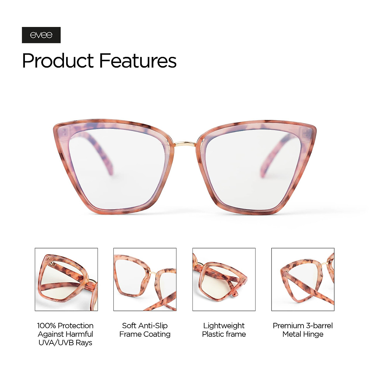 EVEE Fashion Cateye Computer Glasses For Women with Blue Light Blocking - (Vienna) (Pink Tortoise)
