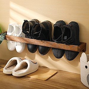 Wenqik 2 Pcs Wall Mounted Shoe Rack 30 Inch Rustic Wood Wall Hanging Shoe Rack Space Saving Footwear Holder Shoe Storage Organizer for Mudroom, Entryway, Closet (Burnt Wood)
