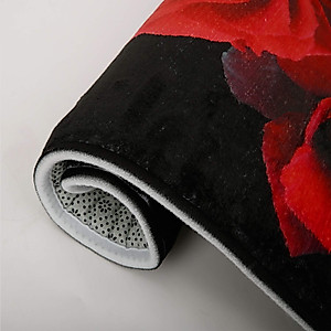 LIVILAN Black Bath Mat, Flower Bathroom Rugs, Red Bath Rugs, 24''X16'', Super Soft and Absorbent Shaggy Plush Red Rose Bath Rugs, Memory Foam Non-Slip.