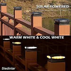 Siedinlar Solar Post Cap Lights Outdoor, 2 Modes 24 LED Solar Powered Fence Deck Light for 4x4 5x5 6x6 Posts Garden Patio Decoration Warm White & Cool White, Black (2 Pack)