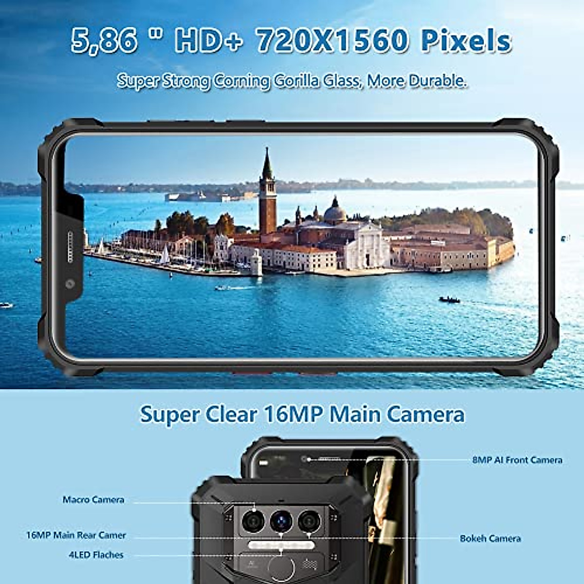 Rugged Smartphone Unlocked OUKITEL Phone WP9 6G+128G Dual Sim 8000mAh 5.86" HD+ Waterproof Cell Phone 16M/8M Triple Camera 4G Global Android10 Face ID WP5 Pro Upgrade Rugged Phone NO Support At&T