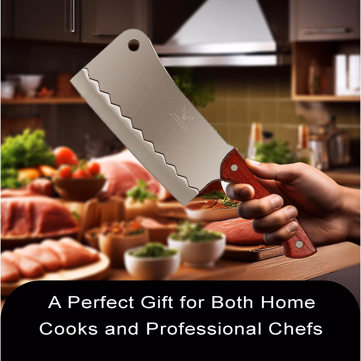 GOOHERA 8 Inch Ultra Sharp Meat Cleaver, Professional Butcher Knife with Stainless Steel and Wooden Handle for Versatile Kitchen and Restaurant Use