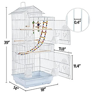 Topeakmart 39inch Height Roof Top Bird Cage Medium Metal Parakeet Cage with Swing & Ladder, White