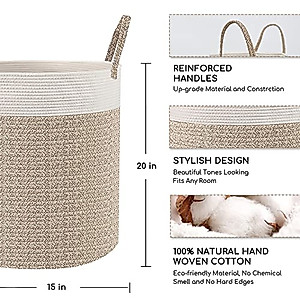 MXMHOME Large Laundry Hamper, 20" X 15" X 15" Tall Woven Rope Storage Basket for Blanket, Cotton Rope Basket Laundry Hamper for Clothes, Toys, Dirty Clothes, Soft Baby Hamper for Nursery, 58L, Brown