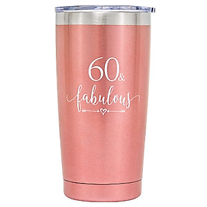 Crisky 60 & Fabulous Vacuum Insulated Tumbler for Women 60th Birthday Gifts for Wife, Mom, Sister, Aunt, Friends, Coworker Her, 20oz Rose Gold Tumbler with Box, Lid