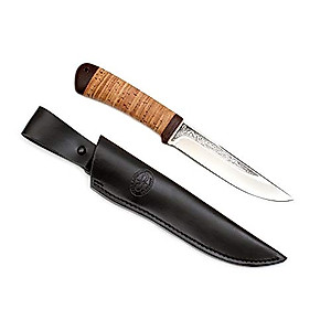 Russia Made Hunting Fox Knife - Stainless Blade - Birch Bark Non Slippery Handle - Leather Sheath