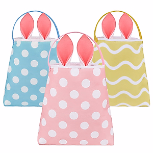 Ivenf Easter Tote Bags with Bunny Ears 3ct, Pink Blue Yellow Easter Gift Bags for Hunt Games Eggs, Kids School Home Party Supplies Decorations