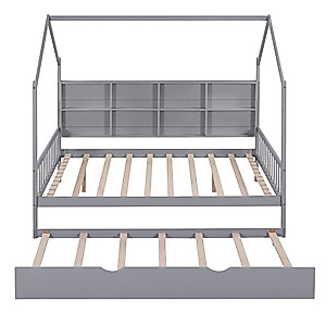 House Bed with Trundle and Storage Shelves, Montessori Bed Full Size Platform Bed Frame with Roof, Tent Bed, Solid Wood Playhouse Bed for Kids Teens Girls Boys (Full Size, Gray)