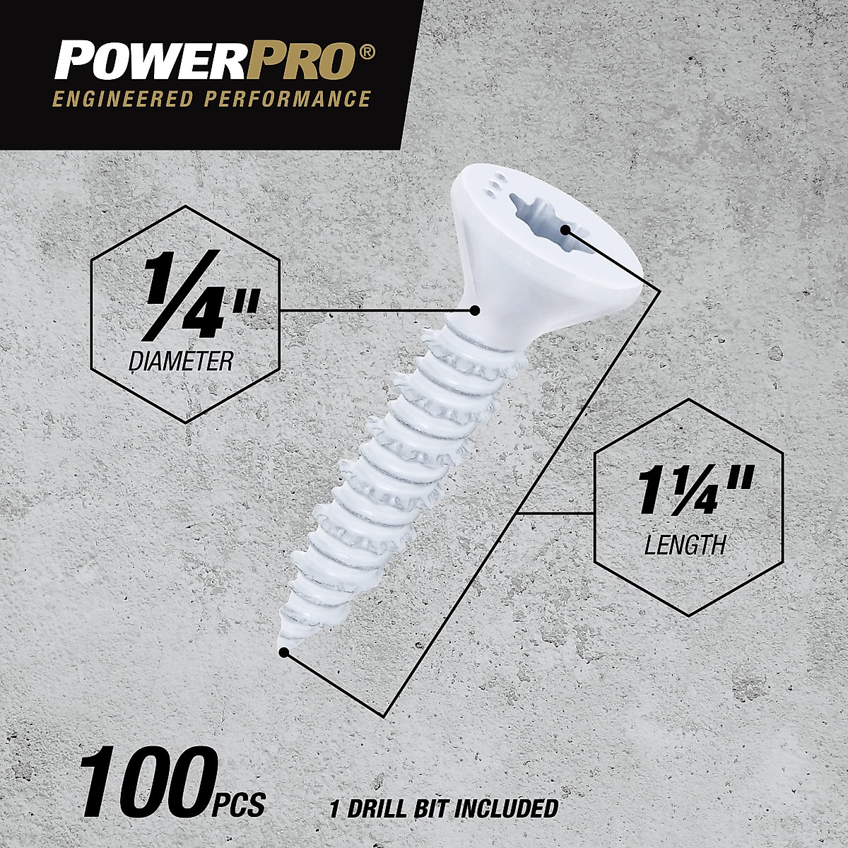 Power Pro White Flat-Head Concrete Screw Anchors (1/4" x 1-1/4") - 100 pc