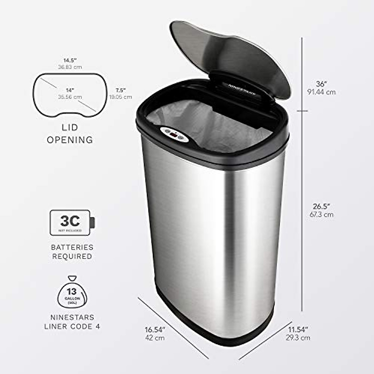 NINESTARS CB-DZT-50-13/12-13 Automatic Touchless Infrared Motion Sensor Trash Can Combo Set, 13 Gal 50L & 3 Gal 12L, Stainless Steel Base (Oval, Silver/Black Lid)