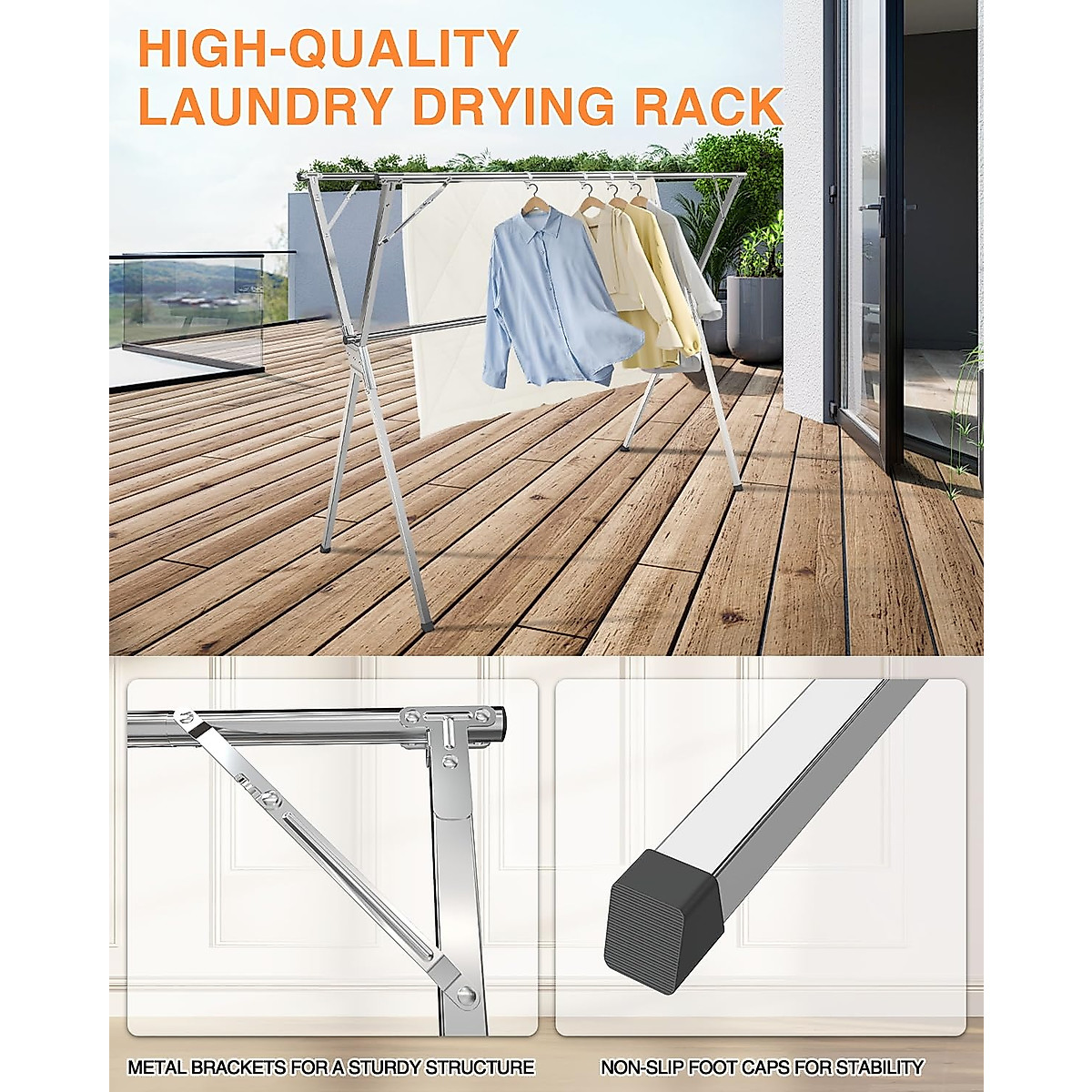 Clothes Drying Rack 63 Inches, Folding Laundry Drying Rack Clothing, Foldable Garment Hanging Drying Rack for Indoor Outdoor, Heavy Duty Collapsible Laundry Hanger Dryer Rack with 20 Windproof Hooks