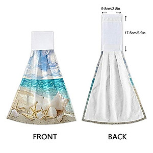 KOCOART Seashells Coastal Kitchen Hand Towels with Loop Starfish Tropical Beach Shore Hanging Tie Towel Set of 2, Soft Absorbent Washcloth Dish Fingertip Towel for Bathroom 12x17 in