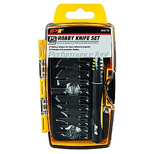 Performance Tool W9170 Precision Hobby Knife Set - 14 Blades for Various Projects with Comfortable Contoured Handle and Storage Case