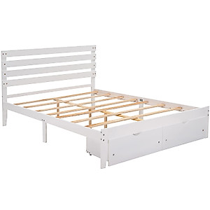 Queen Size Rustic Casual Style Platform Bed with 2 Storage Drawers & Headboard, Wooden Frames with No Box Spring Needed for Bedroom Small Space Boys Girls Adults Teens, White