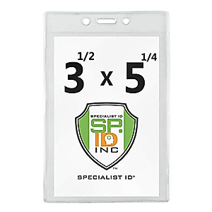 100 Pack - 3 1/2" X 5 1/4" Large Badge Holders - Clear Plastic Name Tag Sleeves, Vaccination Card Protector, Concert Ticket, Press Pass or Sporting Event Holder by Specialist ID (4X6 Outside)