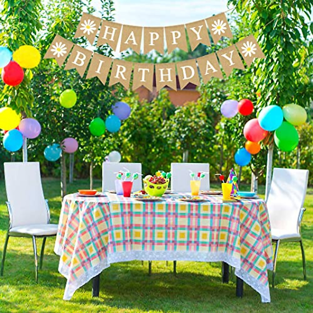 Pudodo Jute Burlap Daisy Themed Happy Birthday Banner Spring Summer Birthday Party Nursery Kitchen Mantle Fireplace Decoration