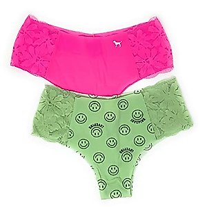 Victoria's Secret Pink No-Show Cheekster Panty, Hot Pink/Green Smiles, Medium