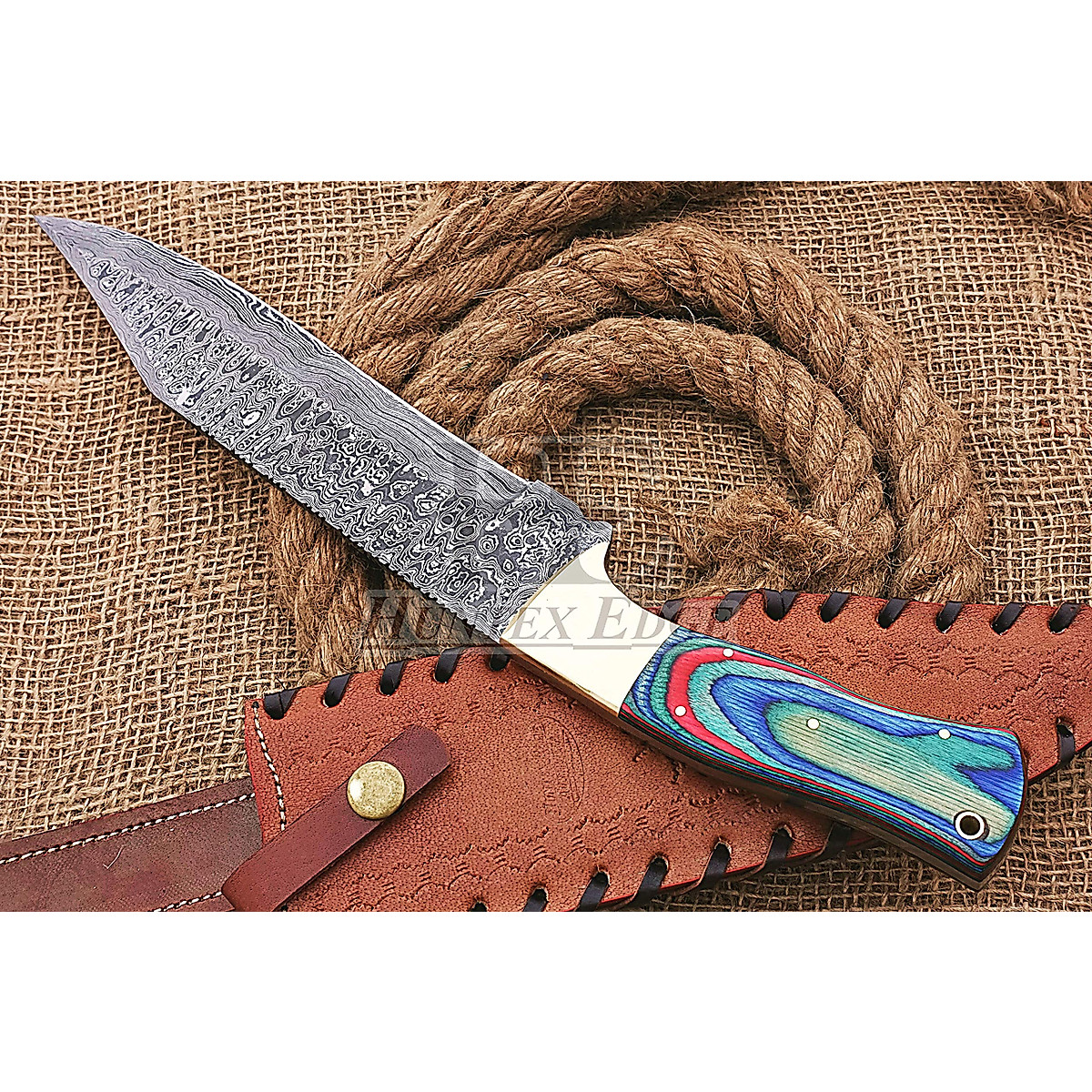 HUNTEX Handmade Hand-Forged Rain Drop Pattern Damascus Steel 14 Inch Long Full Tang Pakka Wood Handle Razor Sharp Hunting Camping Bowie Knife w/Genuine Leather Sheath