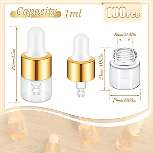 Didaey 100 Pcs Mini Glass Dropper Bottle Bulk Clear Essential Oil Dropper Bottles Small Tincture Bottles with Dropper Sample Containers Perfume Liquid Vials with Cap for Traveling(1 ml,Gold)