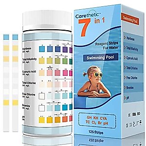 Pool Test Strips - 7 in 1 Pool Test Kit - 125 Counts Spa and Hot Tub Test Strips for Total Hardness, Bromine, pH, Chlorine, Total Alkalinity, Cyanuric Acid - Quick and Accurate by Carethetic